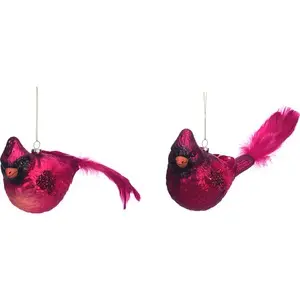 TRANSPAC Glass Feather Cardinal Ornament Set Of Two Christmas Decor - Red