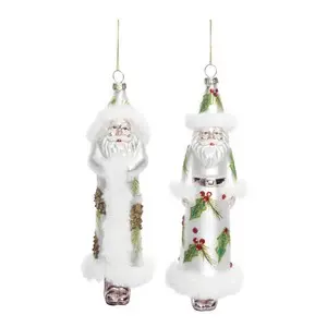 TRANSPAC Glass Holly Pinecone Santa Set Of Two Christmas Decor - Silver