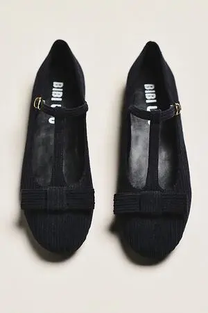 BIBI LOU Corduroy Bow T-strap Flats - Black