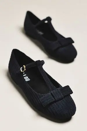 BIBI LOU Corduroy Bow T-strap Flats - Black
