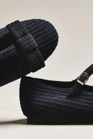 BIBI LOU Corduroy Bow T-strap Flats - Black