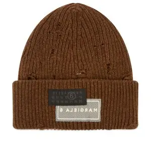 MAISON MARGIELA Ribbed Distressed Beanie - Brown Melange