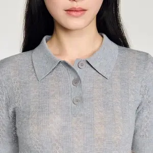 Sandro Pointelle Knit Polo-neck Wool Sweater - Grey