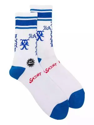 SAINT MXXXXXX Striped Logo-embroidered Socks - White