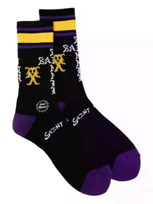 SAINT MXXXXXX Stripe Logo-embroidered Socks - Black