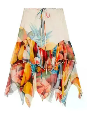 DONDE ESTEBAN Floral Print Silk Midi Skirt