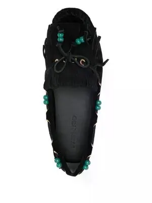 Farm Rio Beaded Fringed Loafers - Black
