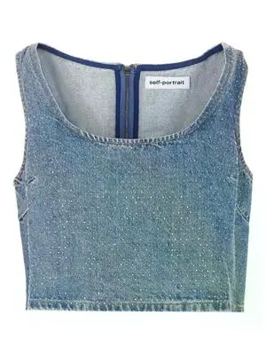 SELF-PORTRAIT Denim Scoop-neck Crop Top - Blue