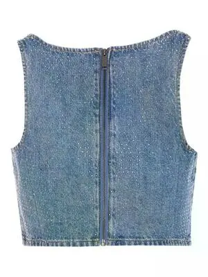 SELF-PORTRAIT Denim Scoop-neck Crop Top - Blue