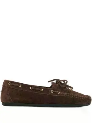 FERRAGAMO Leather Boat Shoes With Gold Tone F Charm - Brown