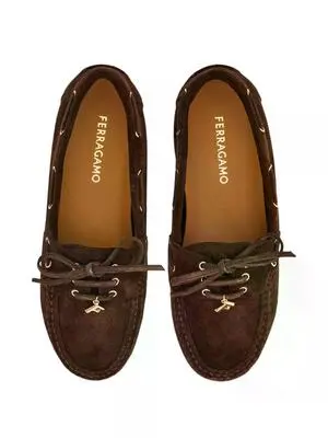 FERRAGAMO Leather Boat Shoes With Gold Tone F Charm - Brown