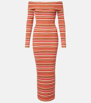 BANANHOT Bonnie Ribbed-knit Striped Off-shoulder Maxi Dress - Multicoloured