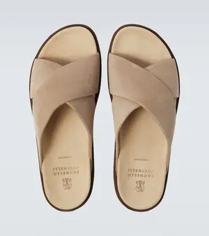 Brunello Cucinelli Suede Open Toe Slides - Beige