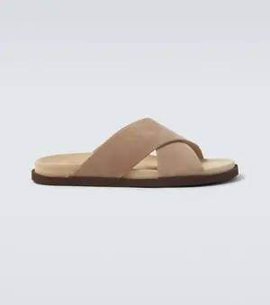 Brunello Cucinelli Suede Open Toe Slides - Beige