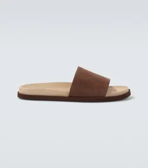Brunello Cucinelli Suede Open Toe Slides - Brown