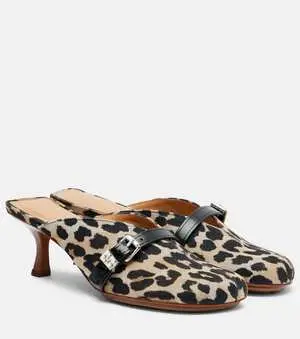 GANNI Sue Printed Denim Mules - Brown