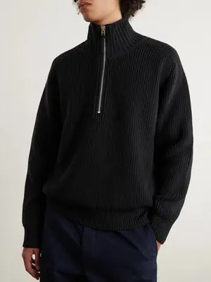TOM FORD Ribbed Merino Wool Half-zip Sweater - Black