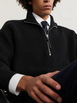 TOM FORD Ribbed Merino Wool Half-zip Sweater - Black