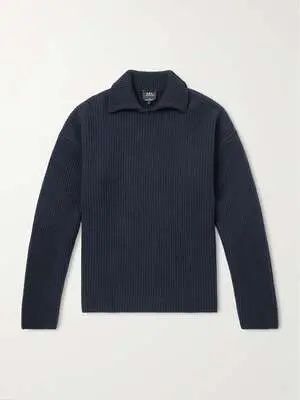 A.p.c. Oversized Ribbed Wool And Cashmere-blend Polo Sweater - Navy
