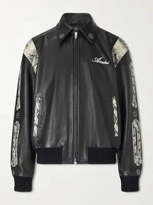 Amiri Bones Snake-effect Panelled Studded Logo-embroidered Leather Jacket
