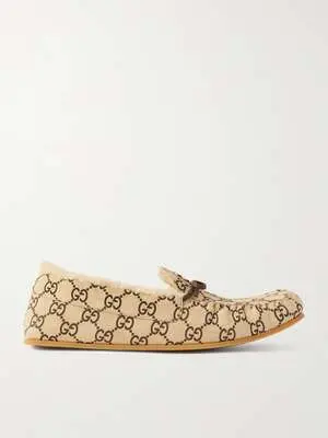 Gucci Bow-detailed Printed Shearling Loafers - Beige