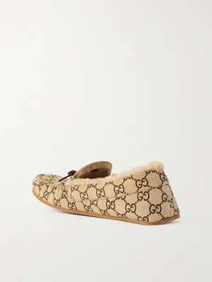 Gucci Bow-detailed Printed Shearling Loafers - Beige