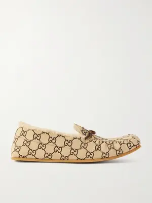 Gucci Bow-Detailed Printed Shearling Loafers Neutrals