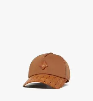 Mcm Cotton Cap With Monogram Printed Leather Brim - Cognac