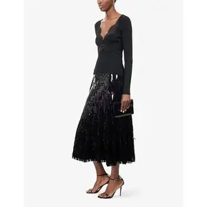 SELF-PORTRAIT Sequin Embellished Flared Woven Midi Skirt