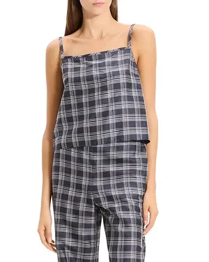 Theory Bind Strap Plaid Silk Top