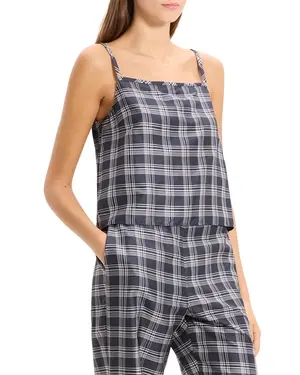Theory Bind Strap Plaid Silk Top