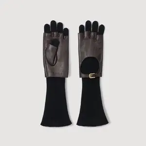 Sandro Long Knit And Leather Gloves - Black