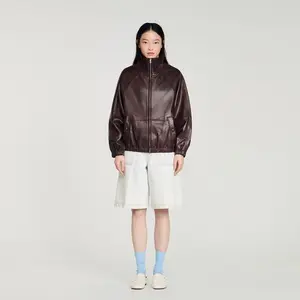 Sandro Oversized Zip-up Lambskin Leather Jacket - Brown