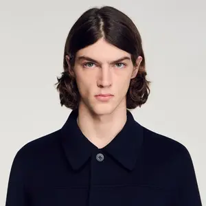 Sandro Wool Worker Jacket With Pockets - Navy Blue