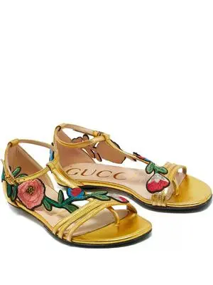 Gucci Ophelia Floral Embroidery Sandal - Gold