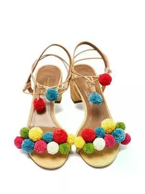 AQUAZZURA Raffia Pom-pom Sandals
