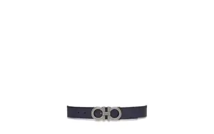 FERRAGAMO Grained Leather Reversible Belt With Double Gancini Buckle - Midnight