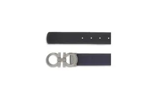 FERRAGAMO Grained Leather Reversible Belt With Double Gancini Buckle - Midnight