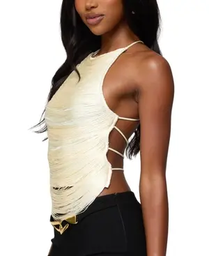 EDIKTED Crisscross Backless Fringed Top - Cream