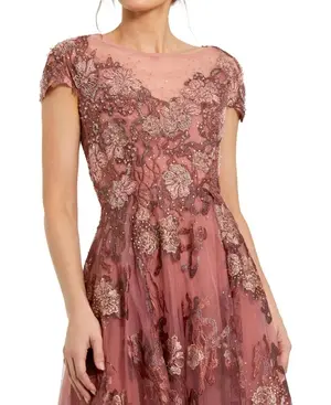 Mac Duggal Embroidered Mesh Dress With Illusion Neck And Short Sleeves - Cinnamon