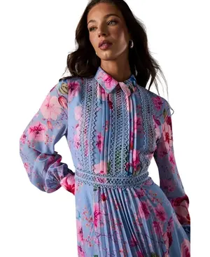 Coast Pleated Lace Trim Long Sleeve Midi Dress