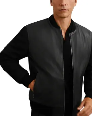 REISS Wool Blend Sleeve Leather Bomber Jacket - Black