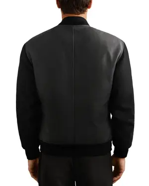 REISS Wool Blend Sleeve Leather Bomber Jacket - Black