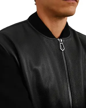 REISS Wool Blend Sleeve Leather Bomber Jacket - Black