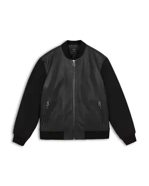 REISS Wool Blend Sleeve Leather Bomber Jacket - Black