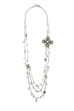 Chanel Crystal And Faux Pearl Cross Pendant Necklace - Silver