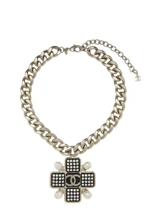 Chanel Crystal And Faux Pearl Cross Pendant Necklace - Silver
