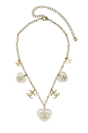 Chanel Gold-tone 'cc' Faux Pearl Heart Necklace - Pink