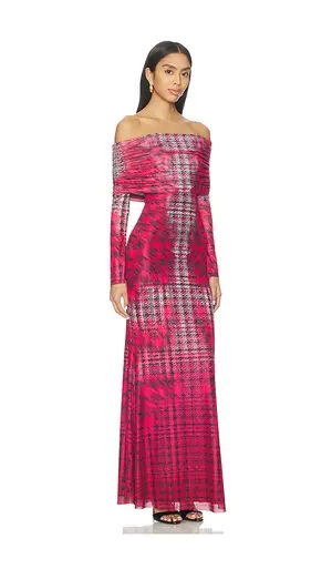 AFRM Thelma Off-the-shoulder Maxi Dress - Ruby Houndstooth