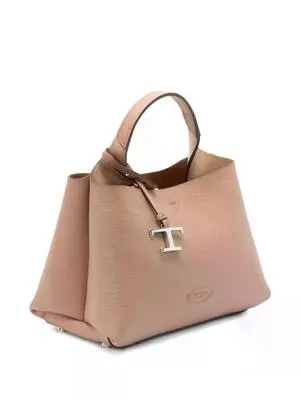 TOD'S Leather Tote Bag With Logo Charm - Neutrals